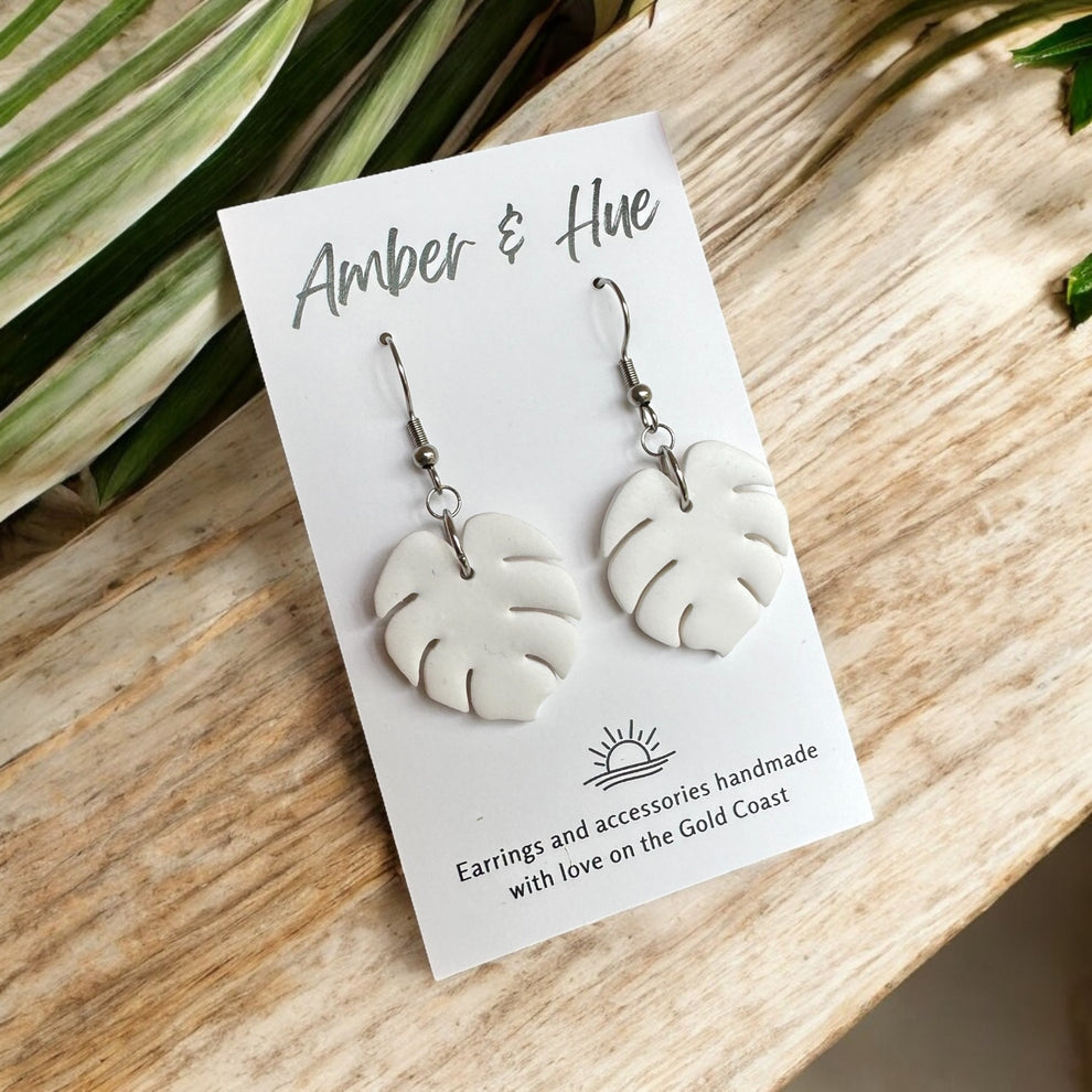 White Monstera Leaf Dangle Earrings – Amber and Hue Studio
